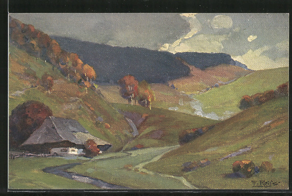 Künstler-AK Fritz Reiss: Herbst im Schwarzwald, Landschaftsbild mit Schwarzwaldhaus Nr. 4750671 ...