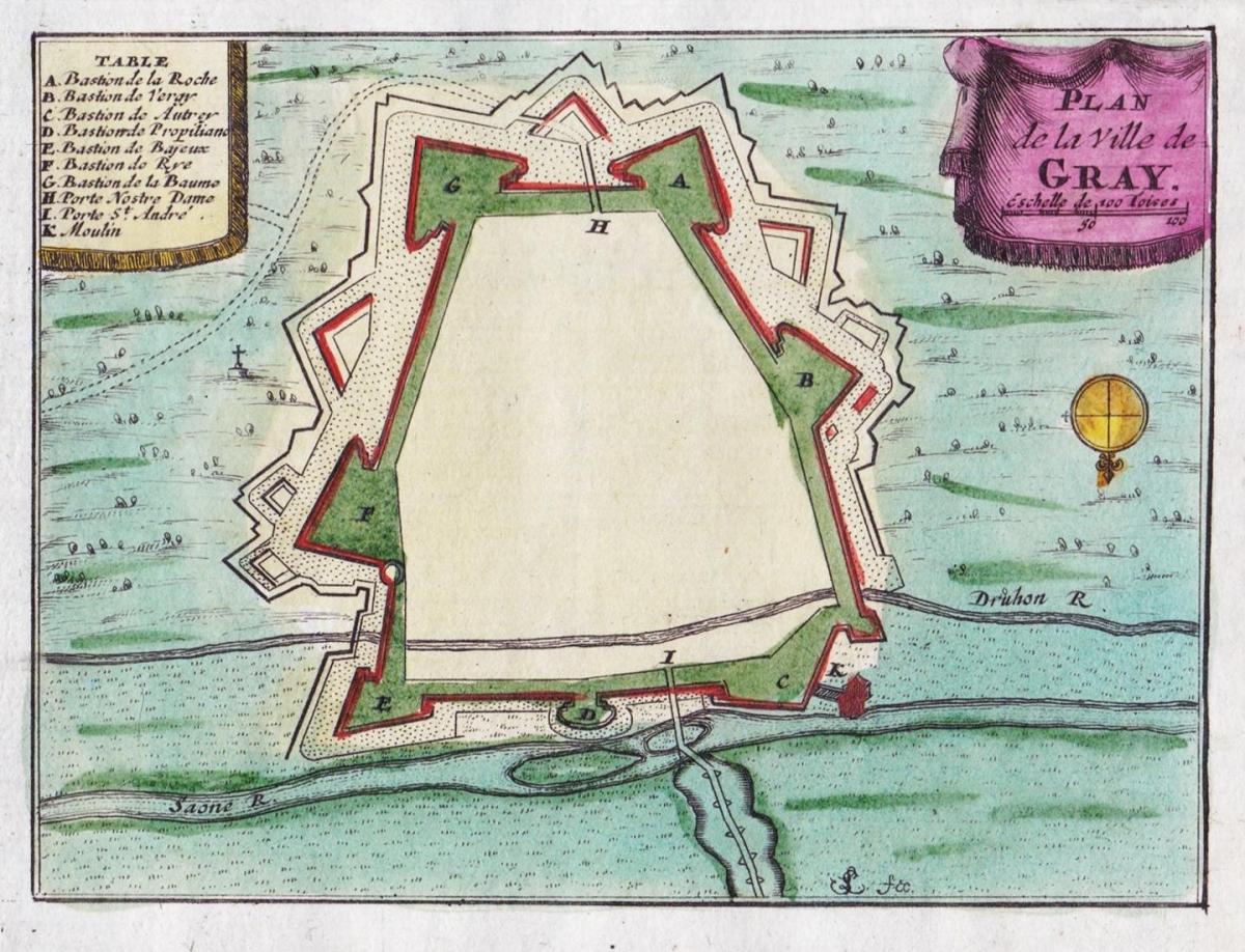 Plan de la Ville de Gray - Gray-la-Ville Haute-Saone Bourgogne gravure ...