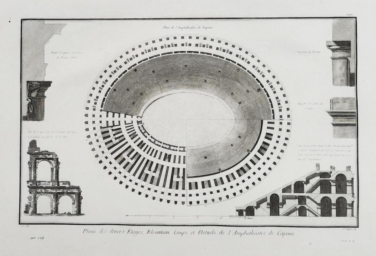 Plans des divers Etages, Elevation, Coupe et Details de l'Amphitheatre ...