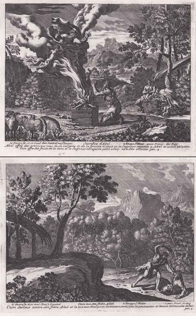 Adam et Eve chassez du Paradis terrestre / Adam laboure la terre ...
