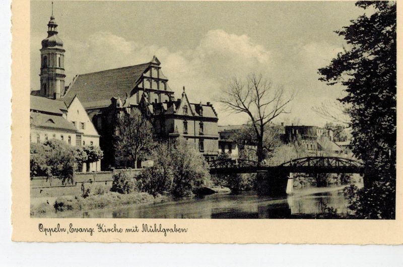 AK Opole, Oppeln, Oberschlesien, Mühlgraben, ev. Kirche, 1942 gelaufen ...