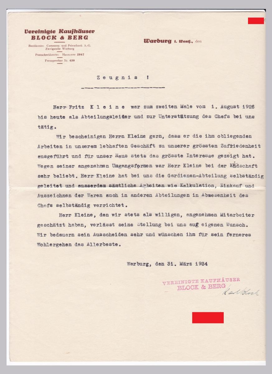 Schreiben Zeugnis (von Karl Block unterschrieben) Vereinigte Kaufhäuser ...
