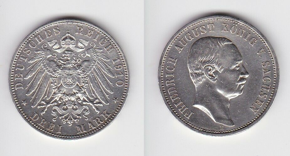 3 Mark Silber Münze Sachsen König Friedrich August 1908 E (115682) Nr ... 3 Mark Silber Münze Sachsen König Friedrich August 1908 E (115682) Nr ...