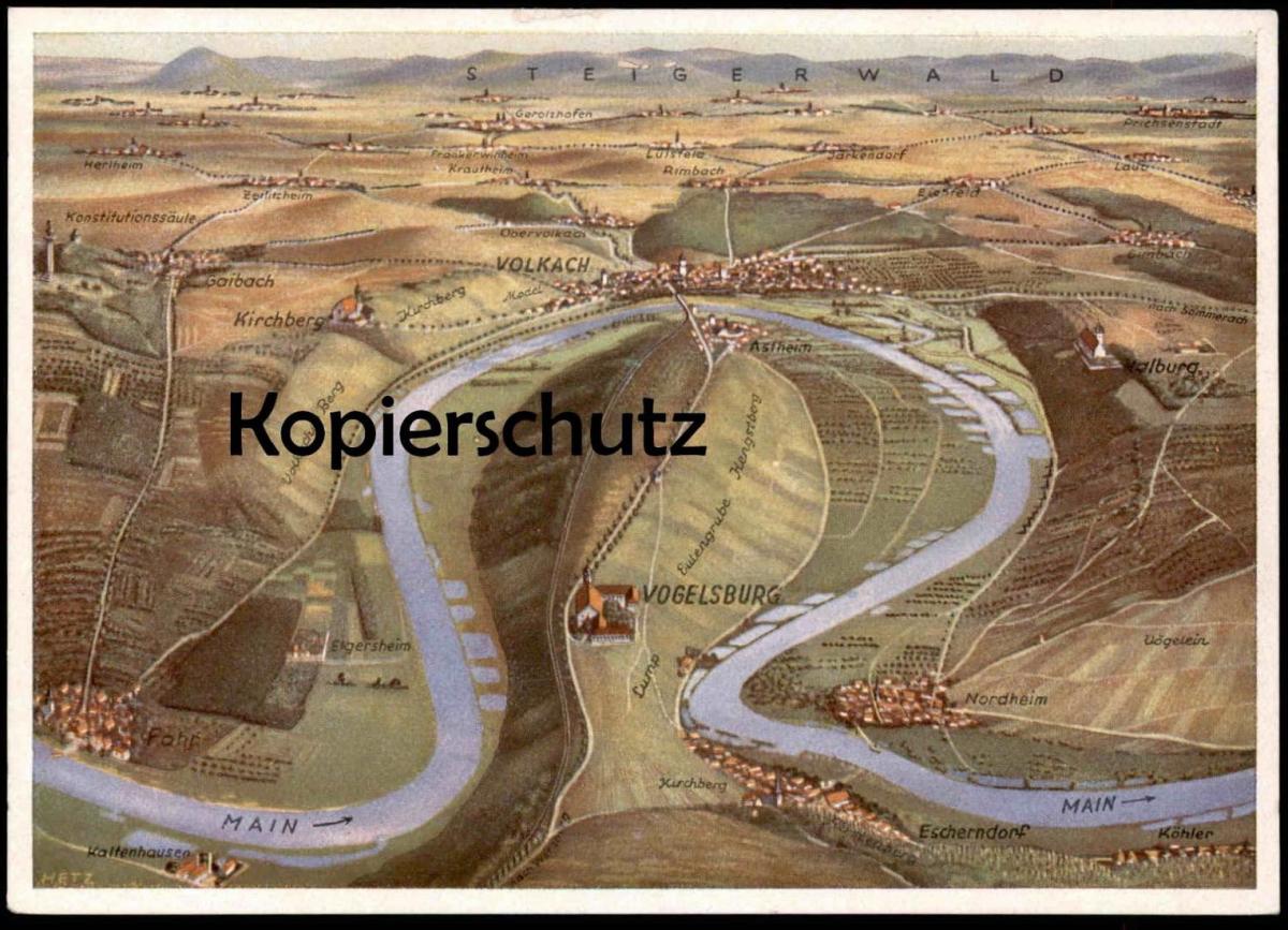 ÄLTERE POSTKARTE LANDKARTE MAINSCHLEIFE VOLKACH VOGELSBURG GAIBACH ...