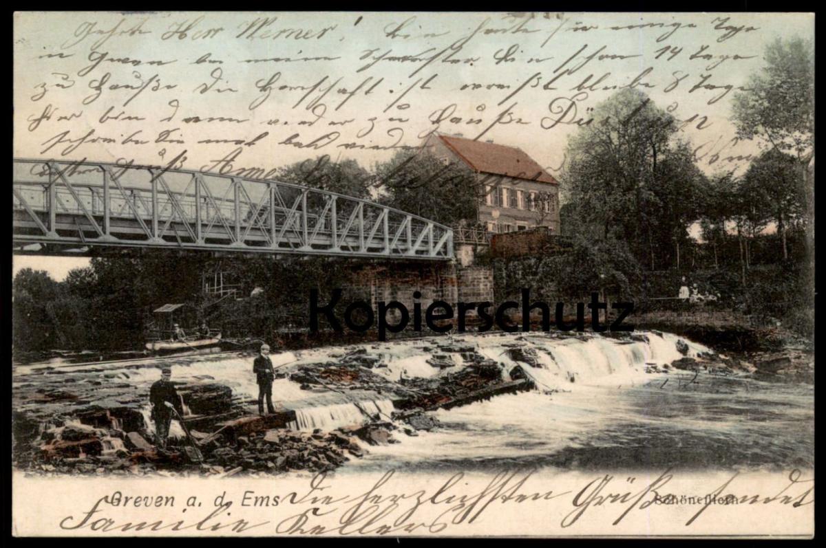 ALTE POSTKARTE GREVEN AN DER EMS SCHÖNEFLIETH 1906 Bahnpost Angler ...