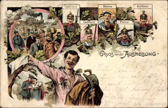 Litho Gruß von der Musterung, Infanterie, Marine, Kavallerie, Pionier ...