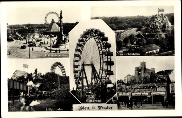 Ak Wien 2 Leopoldstadt, Prater, Riesenrad, Liliputbahn, Hochschaubahn ...