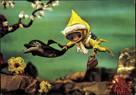 Ak Unser Sandmännchen, Sandmann, DDR Kinderfernsehen, Taucher, Delfin ...