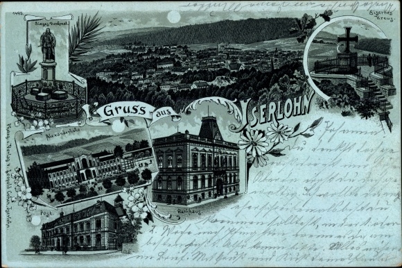 Mondschein Litho Iserlohn, Rathaus, Alexandershöhe, Eisernes Kreuz ...
