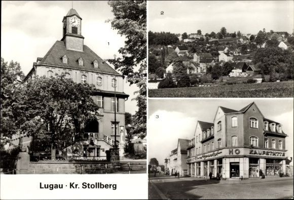Ak Lugau im Erzgebirge, Rathaus, Teilansicht, Stollberger Straße mit HO ...