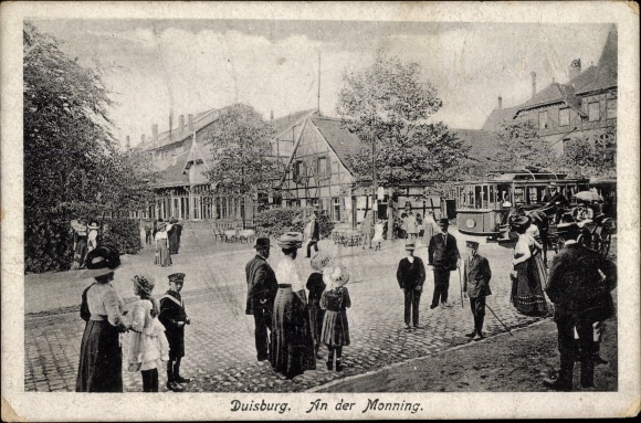 Ak Duisburg im Ruhrgebiet, An der Monning, Straßenbahn, Besucher Nr ...