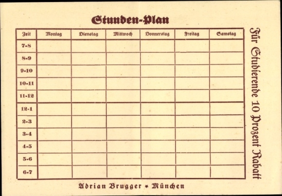 Stundenplan Adrian Brugger, München, Technisches Zeichnen um 1930 Nr ...