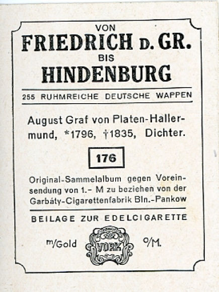 Sammelbild Ruhmreiche Deutsche Wappen Nr. 176, August Graf von Platen ...