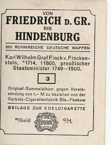 Sammelbild Ruhmreiche Deutsche Wappen Nr. 3, Karl Wilhelm Graf Finck ...