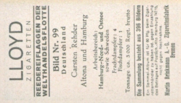 Sammelbild Reedereiflaggen der Welthandelsflotte Nr. 99, Carsten Rehder ...