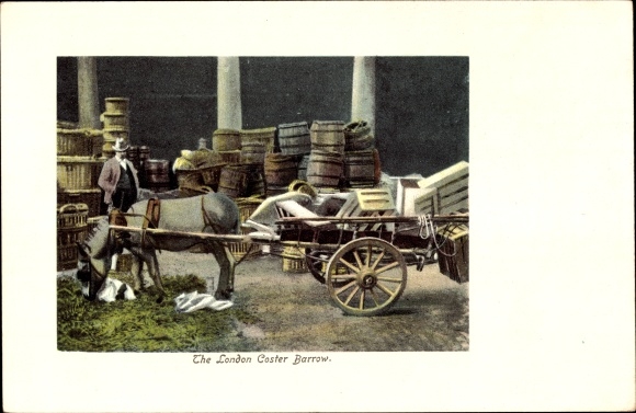 Ak The London Coster Barrow, Obst und Gemüsehändler mit Warenkisten ...