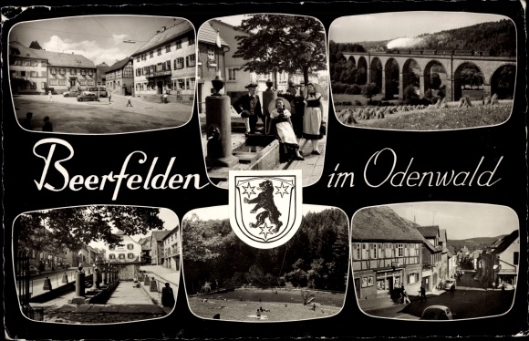 Ak Beerfelden Oberzent im Odenwald, Eisenbahnbrücke, Freibad, Wappen ...