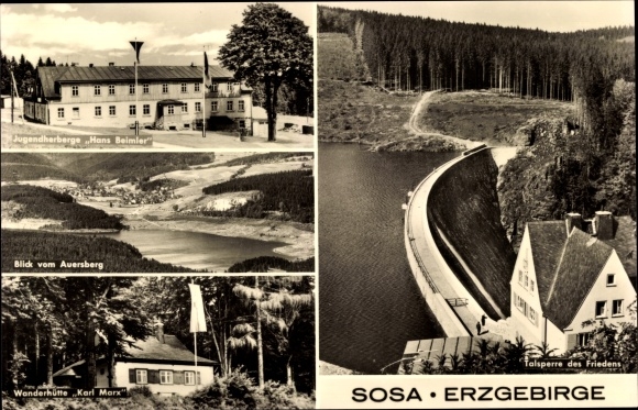 Ak Sosa Eibenstock im Erzgebirge, Wanderhütte Karl Marx, Jugendherberge ...