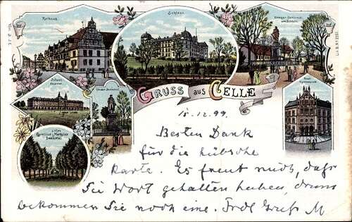 Litho Celle in Niedersachsen, Schloss, Gymnasium, Kriegerdenkmal ...