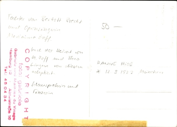 Foto Schauspielerin Hanne Hiob, Portrait, Autogramm, Tochter von ...