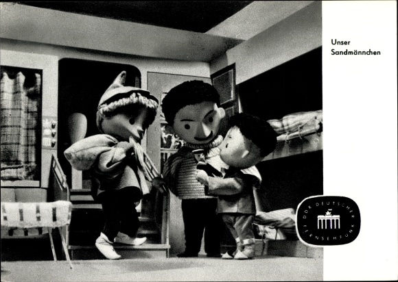 Ak Unser Sandmännchen, Sandmann, DDR Fernsehen, Wohnstube, Junge mit ...
