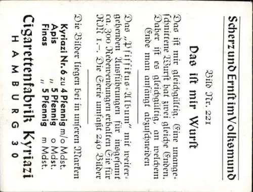 Sammelbild Scherz und Ernst im Volksmund Bild 221, Das ist mir Wurst Nr ...