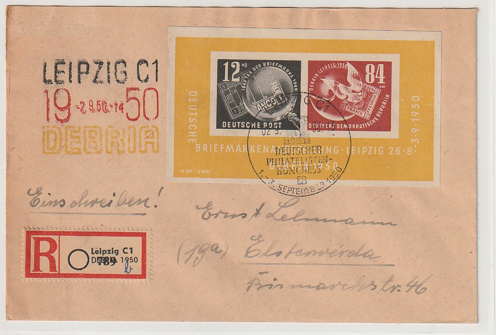 DDR: Debria-Block auf Einschreibbrief Nr. 18819 - oldthing: DDR 1949-1954
