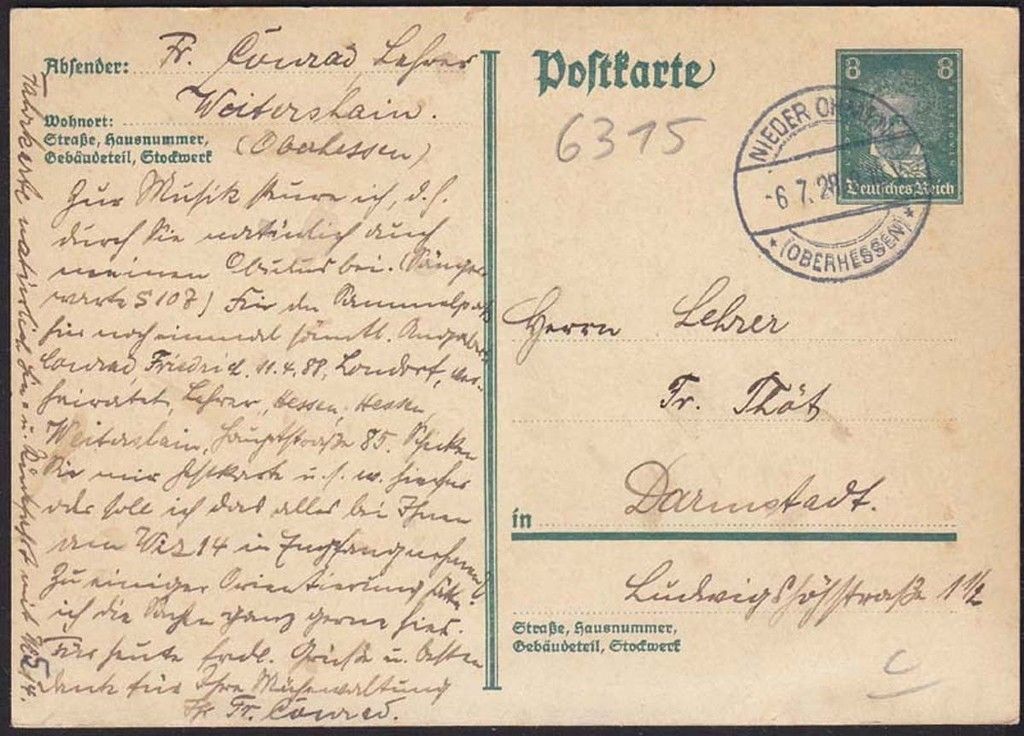 Nieder-Ohmen Oberhessen Karte 1928 nach Darmstadt... | oldhting.de