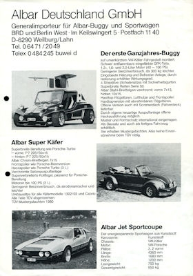 VW / Albar Superkäfer / Buggy / Jet Sportcoupé Prospekt 1970/80er Jahre ...