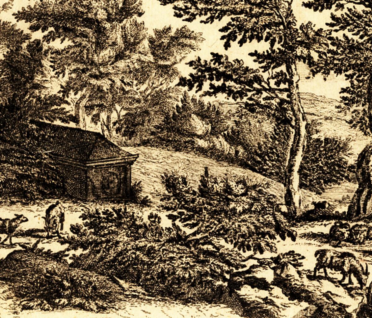 Grafik,Kupferstich,18.Jhdt,Landschaft mit Ziegen u.Hirten,Burgen im Hintergrund Nr. 311610317332 ...