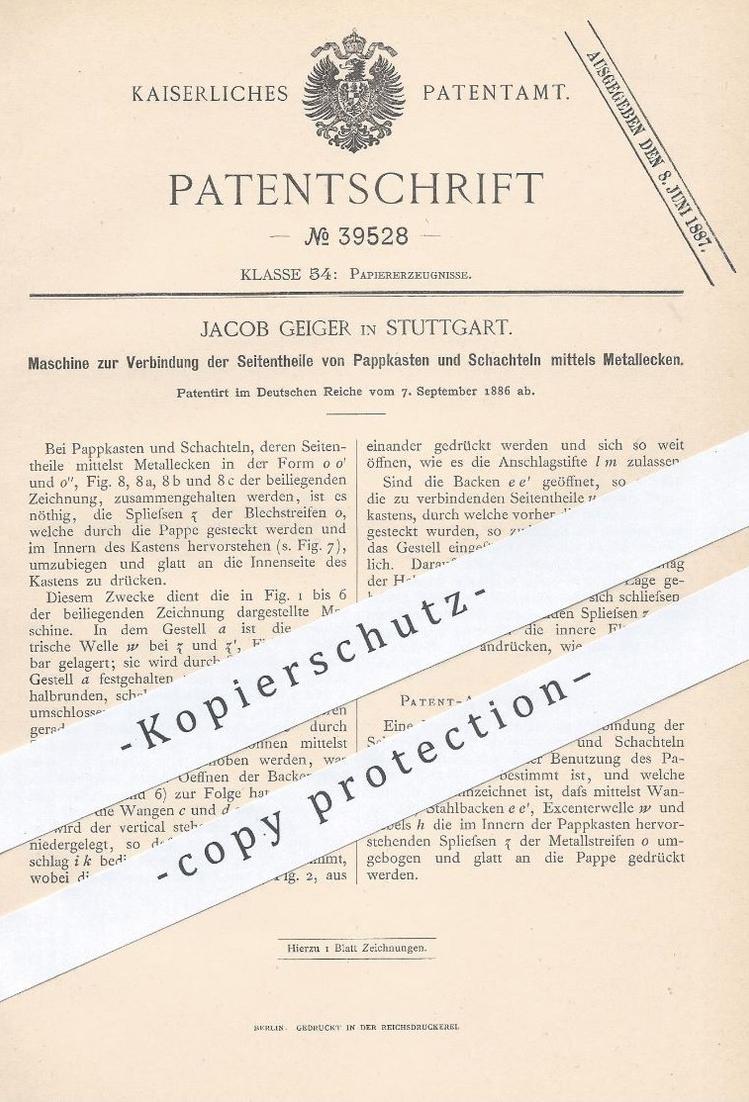 original Patent - Jacob Geiger , Stuttgart , 1886 , Verbindung der ...