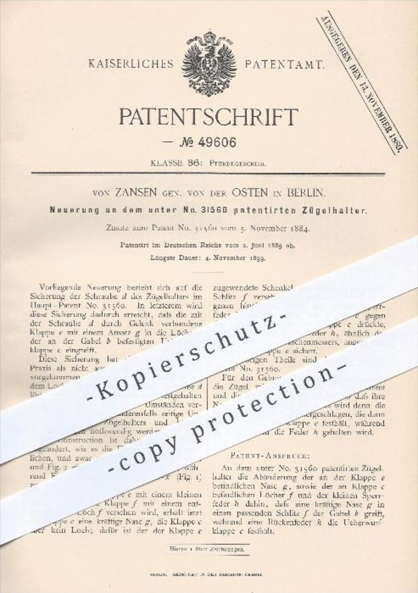 original Patent - von Zansen gen von der Osten in Berlin , 1889 ...