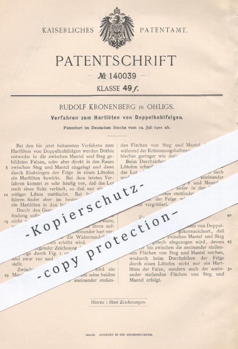 original Patent - Rudolf Kronenberg , Ohligs , 1902 , Hartlöten von ...