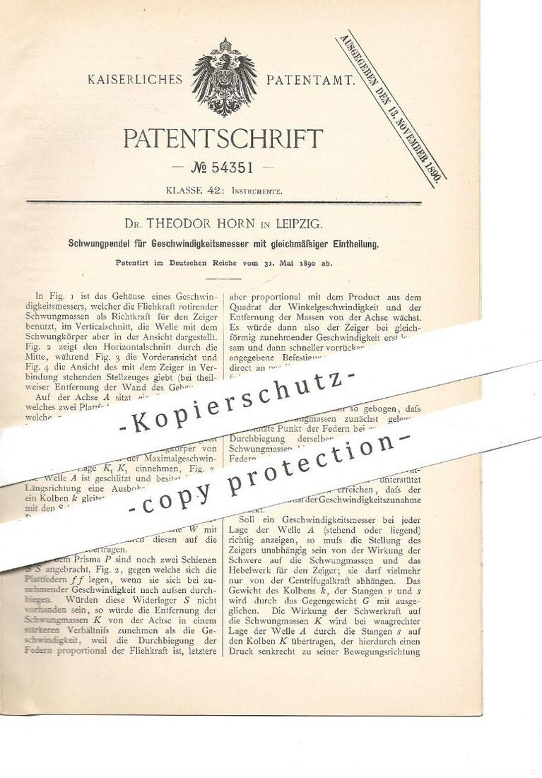 original Patent - Dr. Theodor Horn , Leipzig , 1890 , Schwungpendel für ...
