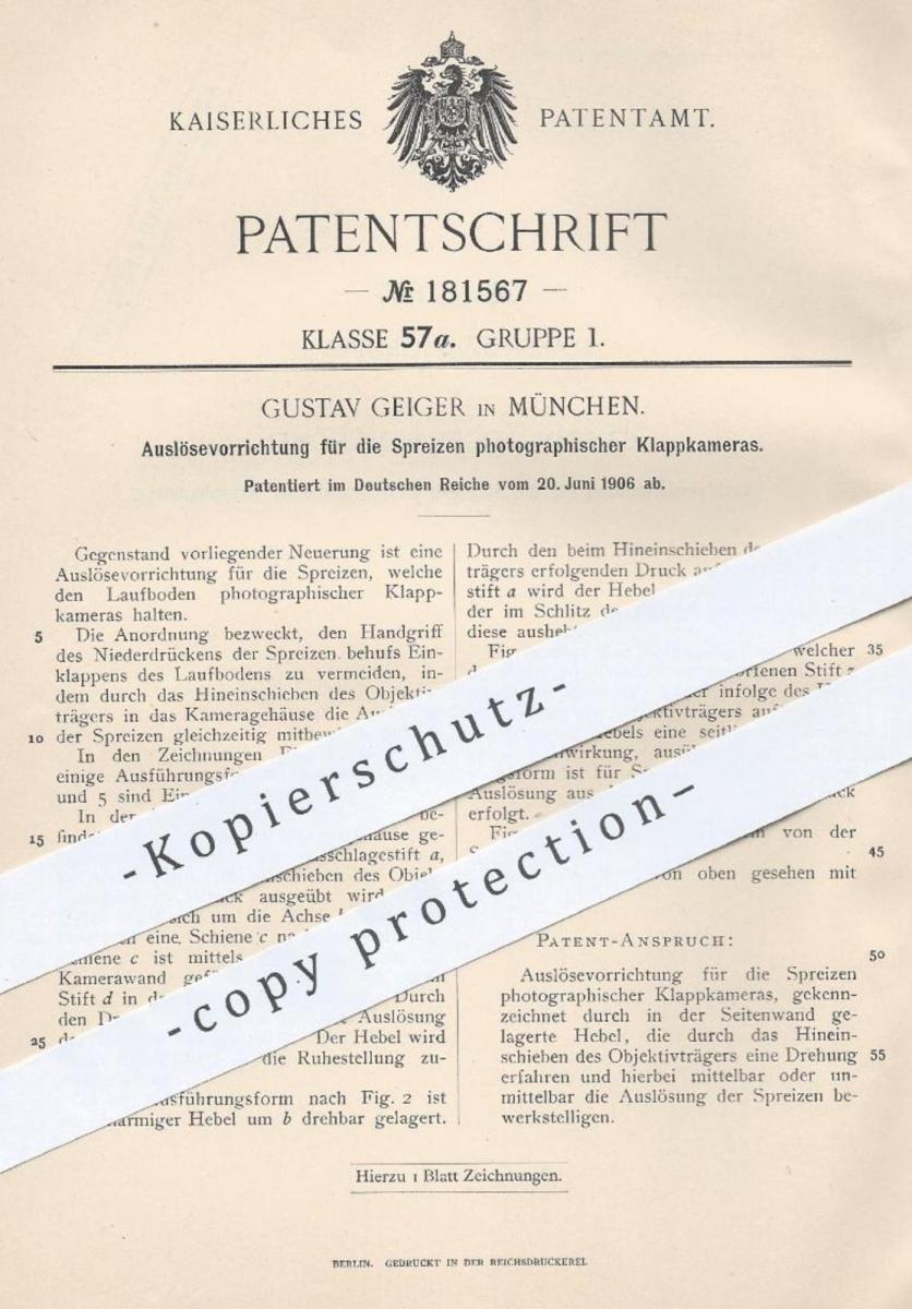 original Patent - Gustav Geiger , München 1906 , Auslösen der Spreizen ...