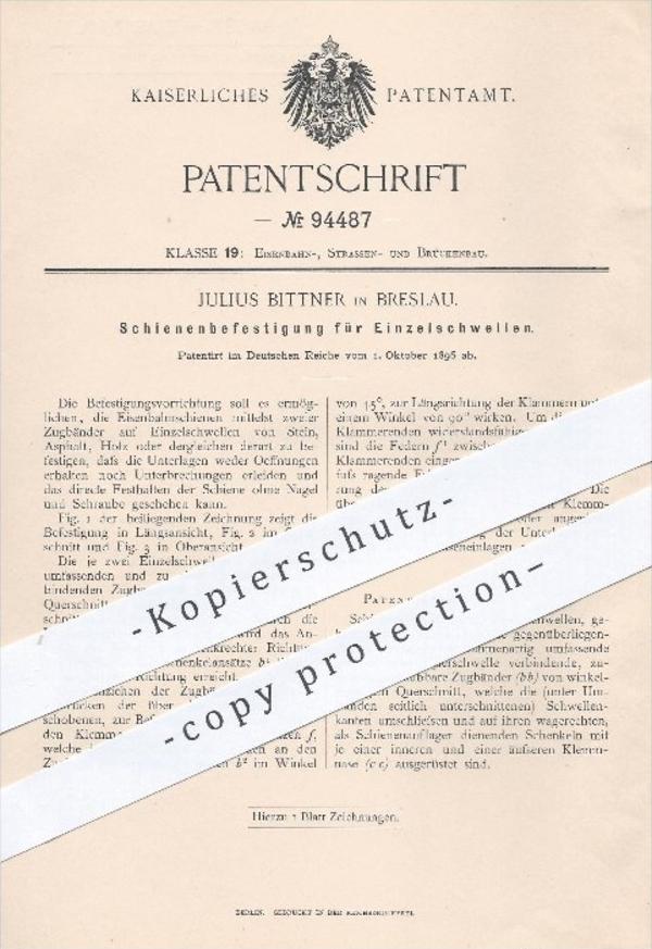original Patent - J. Bittner in Breslau , 1896 , Schienenbefestigung ...