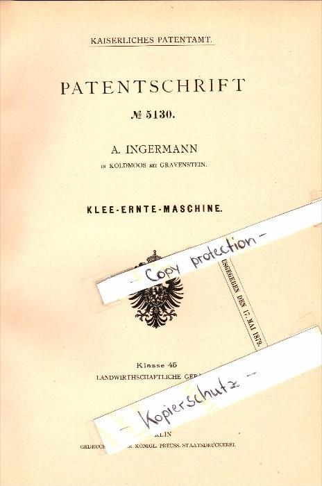 Original Patent - A. Ingermann in Koldmoos b. Gravenstein / Grasten ...