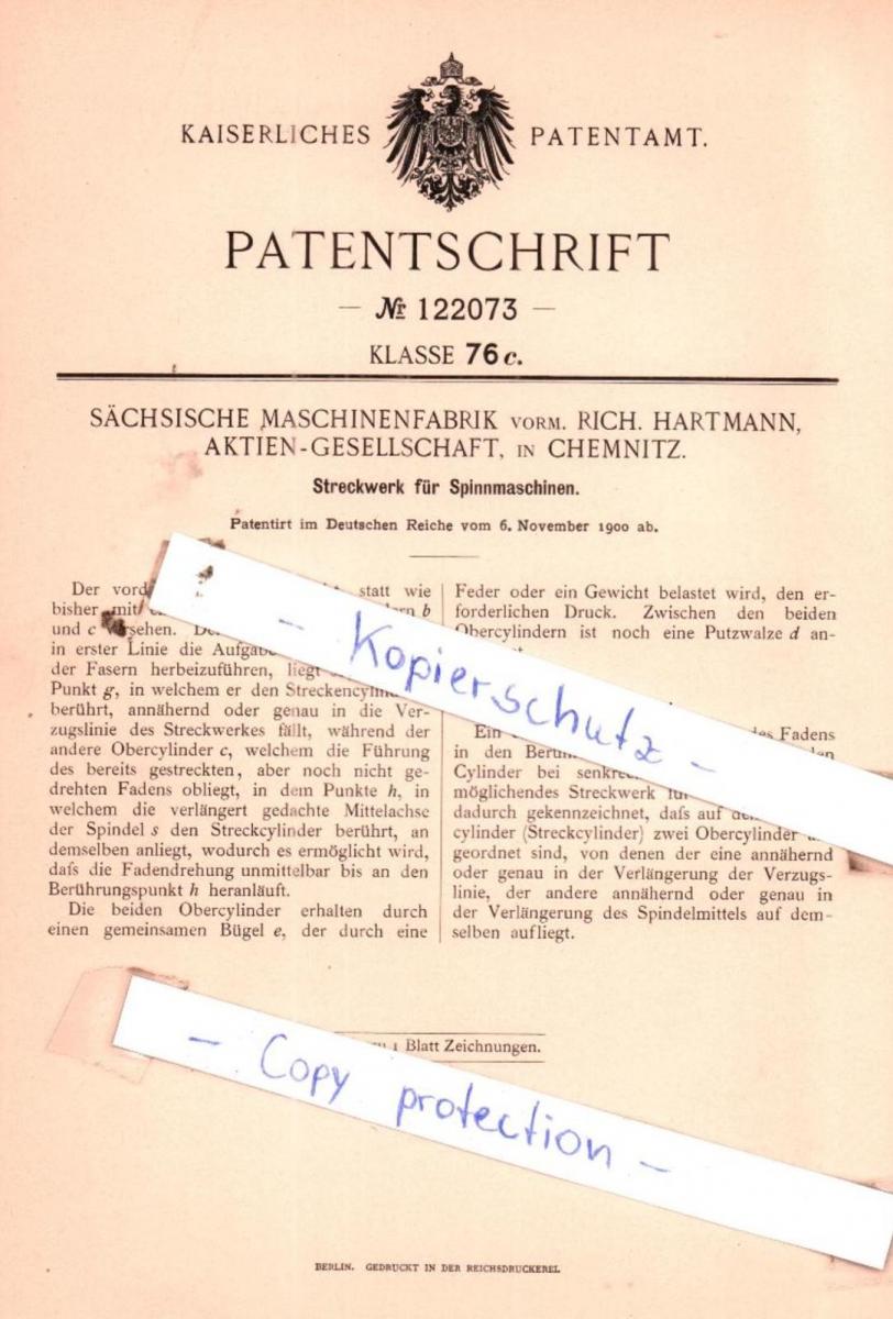 original Patent - Sächsische Maschinenfabrik in Chemnitz , 1900 ...