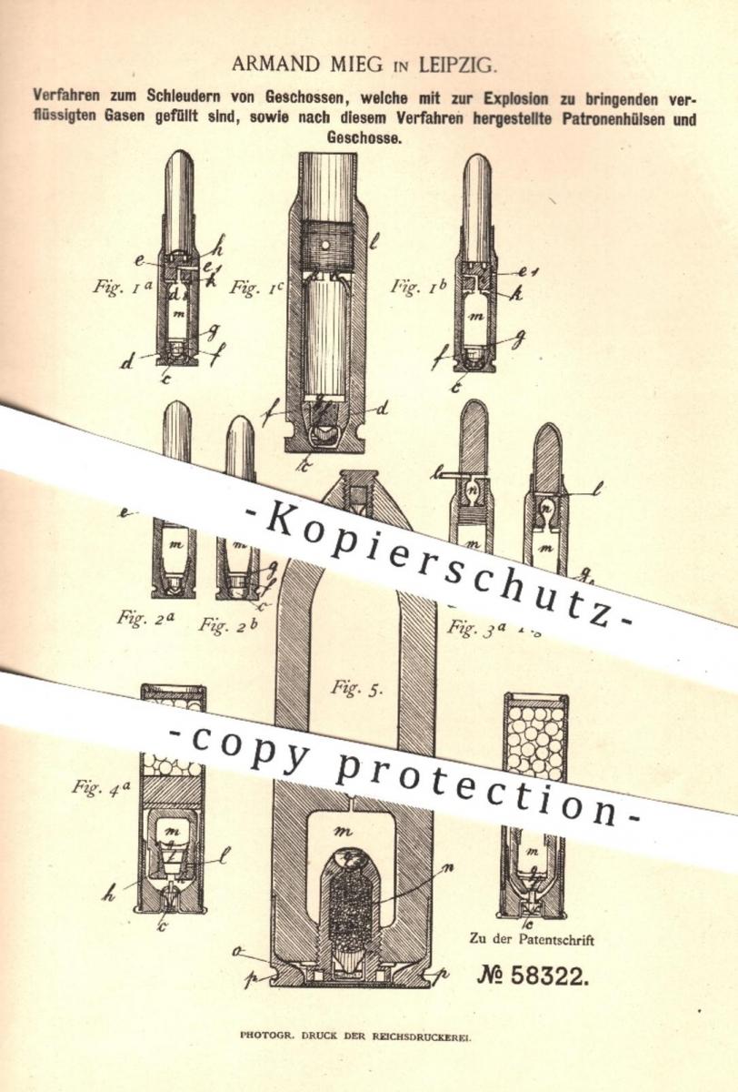 original Patent - Armand Mieg , Leipzig 1890 , Schleudern der Geschosse ...