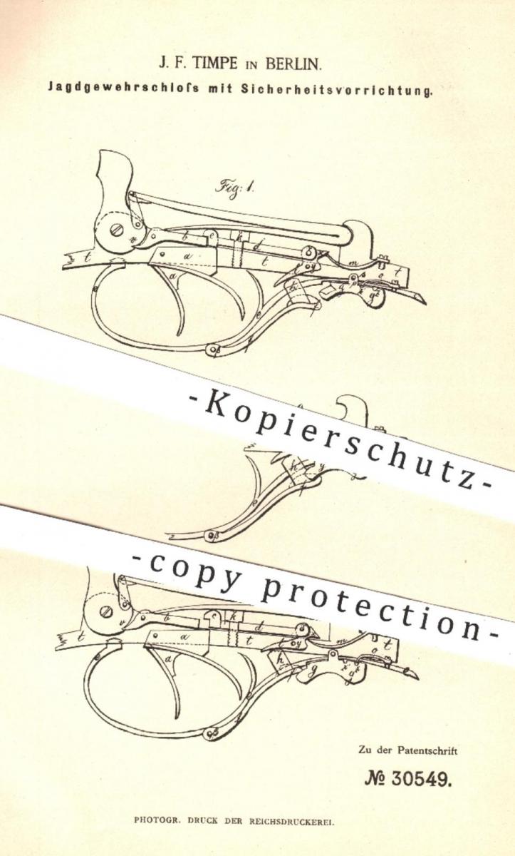 original Patent - J. F. Timpe in Berlin , 1884 , Schloss für Jagdgewehr ...