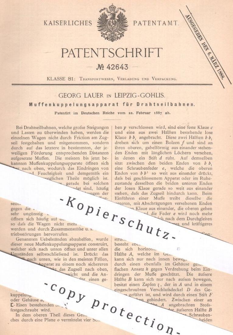 original Patent - Georg Lauer , Leipzig / Gohlis , 1887 , Muffen ...