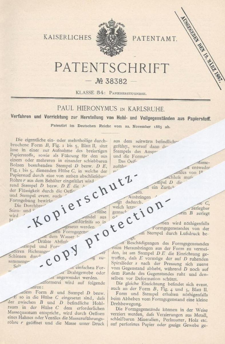 original Patent - Paul Hieronymus , Karlsruhe , 1885 , Hohl ...