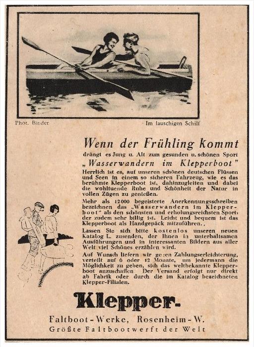 original Werbung - 1929 - Klepper , Zelte , Faltboot-Werke in Rosenheim ...