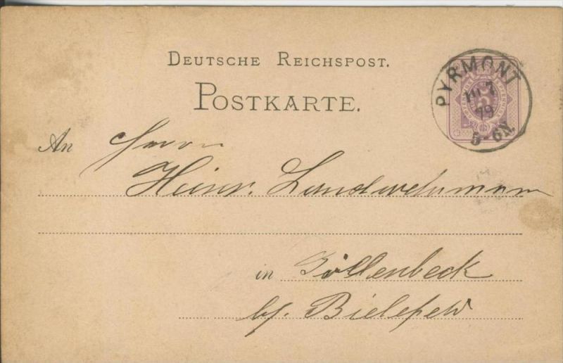 Pyrmont vom 29.8.1889 Postkarte der Deutschen Reichspost --- siehe Foto ...