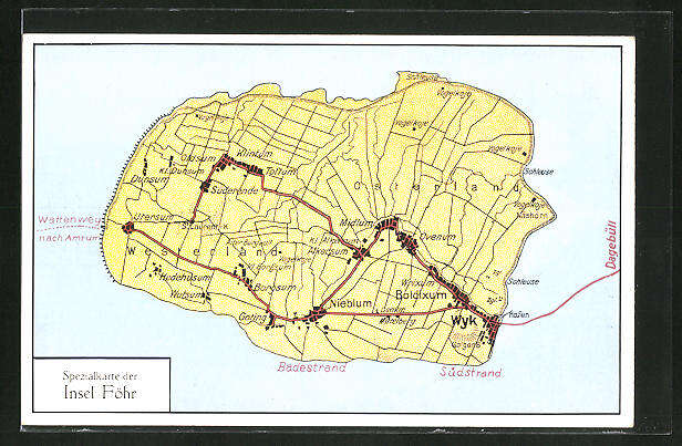 Ansichtskarte, Insel Föhr, Landkarte der Insel, Version 2, 1980 Nr ...