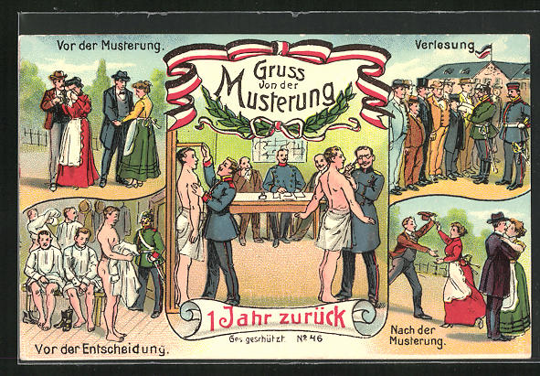 Lithographie Gruss von der Musterung, die verschiedenen Stadien der ...
