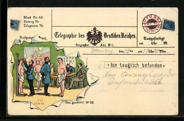 AK Männer bei der Musterung, bin tauglich befunden, Gruss von der ...