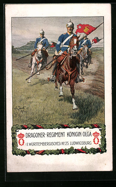 Künstler-AK Angelo Jank: Soldaten in Uniform des Dragoner-Regiment ...