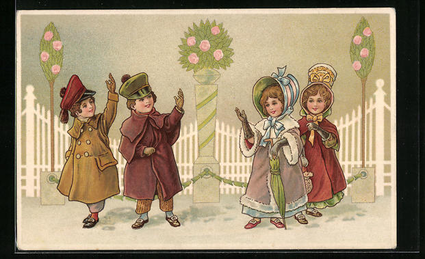 AK Zwei Buben grüssen elegant zwei Mädchen am Zaun Nr. 11358862 ...