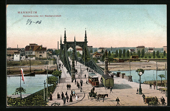 AK Mannheim, Neckarbrücke mit Neckarvorstadt, Strassenbahn Nr. 11569589 ...